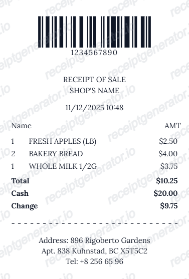 Free Barcode Top Receipt Generator | Receipt Generator