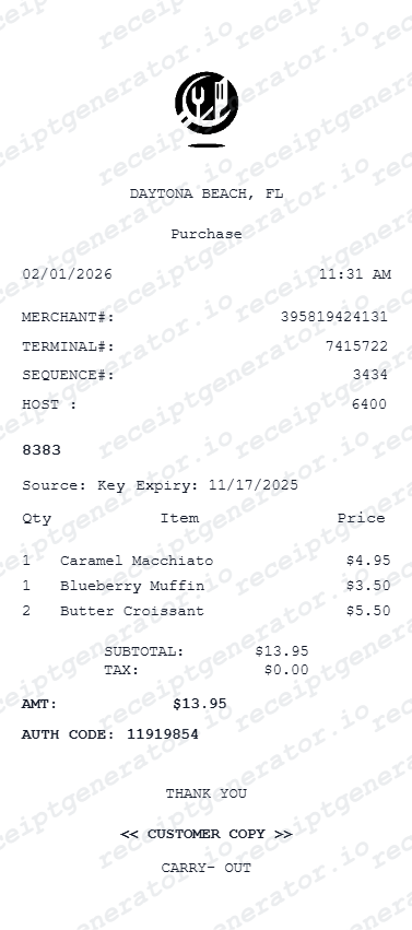 Cafe & Coffee Shop Receipt Generator | Receipt Generator