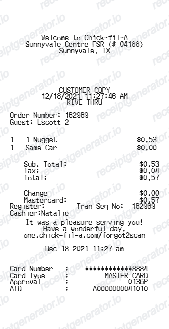 Free Chick-fil-A Receipt Generator | Receipt Generator