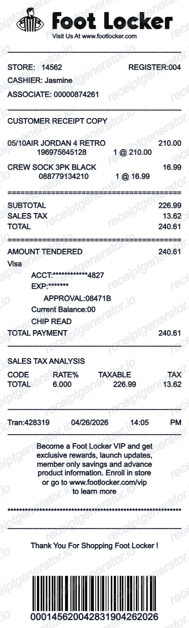 Free Foot Locker Receipt Generator | Receipt Generator